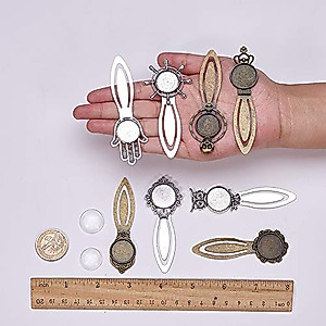 SUNNYCLUE 16Pcs 2 Colors Owl Hamsa Hand Bookmark Pendant Tray Kit Include 8pcs Metal Cabochon Bookmark Blank 8pcs Oval Round Clear Glass Cabochon Lucky Hand of Fatima Magic Style Clock Owl Bookmarks