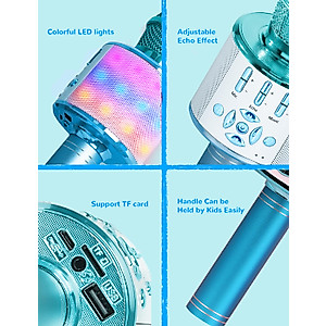 Amazmic Kids Karaoke Microphone Machine Toys for Girls Bluetooth Microphone Portable Karaoke Machine with LED Light, Birthday Gift for Girls Boys 3-12 Year Old Adults Birthday Party, Home KTV(Blue)