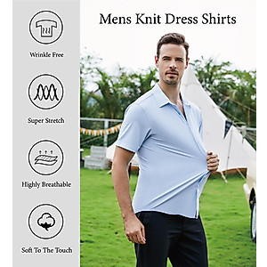 WARHORSEE Mens Knit Dress Shirts Short Sleeve Performance Moisture Wicking Wrinkle Free 4 Way Stretch Casual Button Down Shirt,White,L