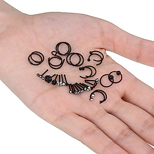 Chinco 32 Pieces C-shaped Nose Ring Bone Stud Hoop Tragus Nose Studs Bone Curved Hoop Tragus Cartilage Hoop Piercing (Black)