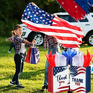 Ctosree 100 Pcs Veterans Thank You Gifts Bag 105 Pcs Red Blue White Tissue Paper 4th of July Bags with Handles American Flag Paper Treat Goodie Bag for Patriotic Memorial Day Independence Day Party