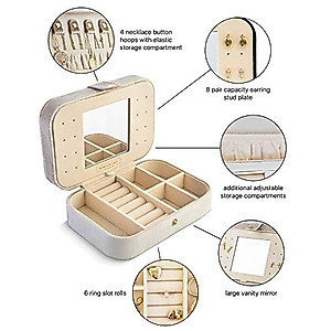 Plush Velvet Travel Jewelry Box Organizer | Travel Jewelry Organizer, Travel Jewelry Case | Small Jewelry Box for Women, Jewelry Travel Case | Earring Organizer Box with Mirror - Ivory