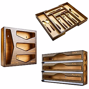 Cozee Bay Bamboo Bag Storage Organizer, Wrap Dispenser, and Drawer Organizer Bundle for Kitchen Drawer (Vintage Brown)