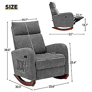 AVAWING Electric Massage Rocking Chair, Rocking Accent Armchair with Heat Function USB Ports, Rocker Fabric Padded Seat Wood Base, Modern High Back Armchair with Footrest Remote Control for Home,Grey