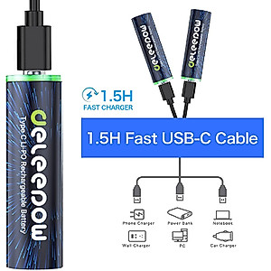 Deleepow Rechargeable AA Batteries Lithium USB 1.5V 3400mWh Lithium AA Batteries with USB-C Cable 1500 Cycles 4-Pack
