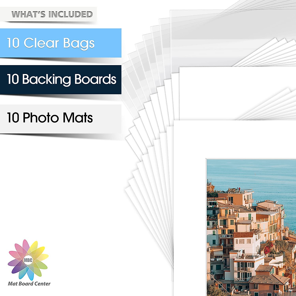 Mat Board Center, 10 Pack of White Pre-Cut Mat Board 16x20 Picture Mat for 11x14 Photo with White Core Bevel Cut Mattes Sets. Includes 10 Acid Free Mats & 10 Backing Board & 10 Clear Bags