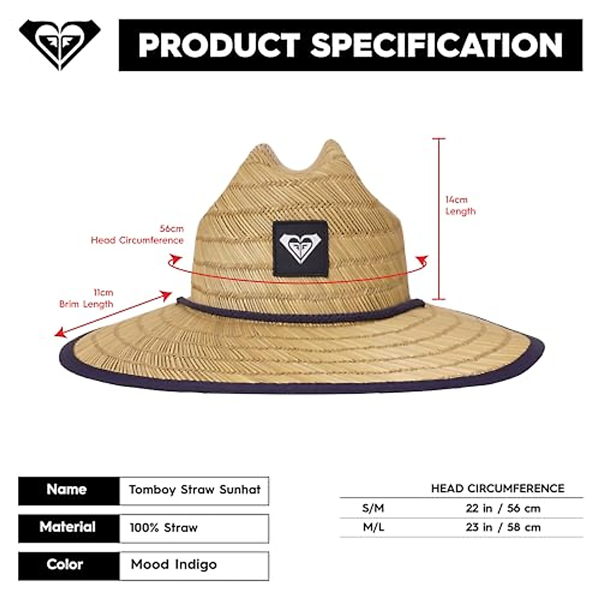 Roxy womens Tomboy Straw Sun Hat, Mood Indigo, Small-Medium US