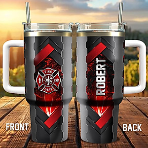 WAZONE Personalized Firefighter 40oz Tumbler with Handle Lid and Straw Custom Name Fireman Stainless Steel Insulated Cup Travel Mug Birthday Christmas Firefighters Fire Fighter Gift For Men Dad