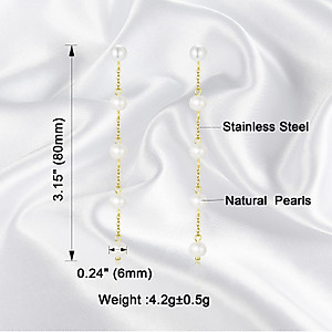 Pearl Dangle Drop Earrings for Women, 14K Gold Plated Pearl Long Vertical Bar Earrings Minimalist Jewelry Wedding Earrings Gift (Long Baroque Pearl Earrings)