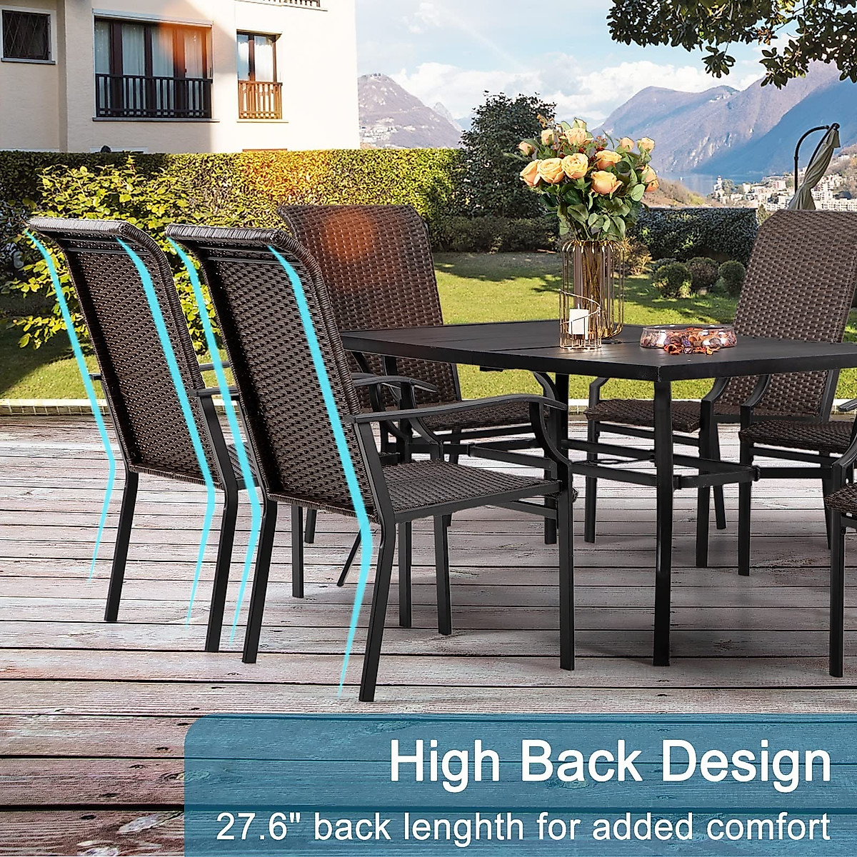 Sophia & William Patio Dining Set 7 Piece Wicker Outdoor Table and Chairs Furniture Set, 6 High-Back Rattan Chairs and 1 Metal Rectangular Dining Table with Umbrella Hole