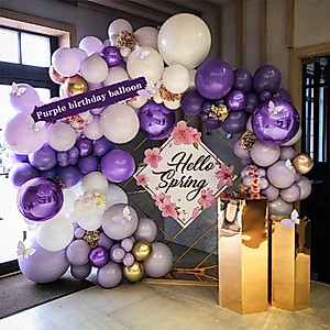 Purple Balloon Garland Kit, FEBALHS Purple Gold and White Balloons with Butterflies Stickers Dark Purple Light Purple Balloons for Birthday Party Baby Showers Sweet 16 Celebrations (Purple)