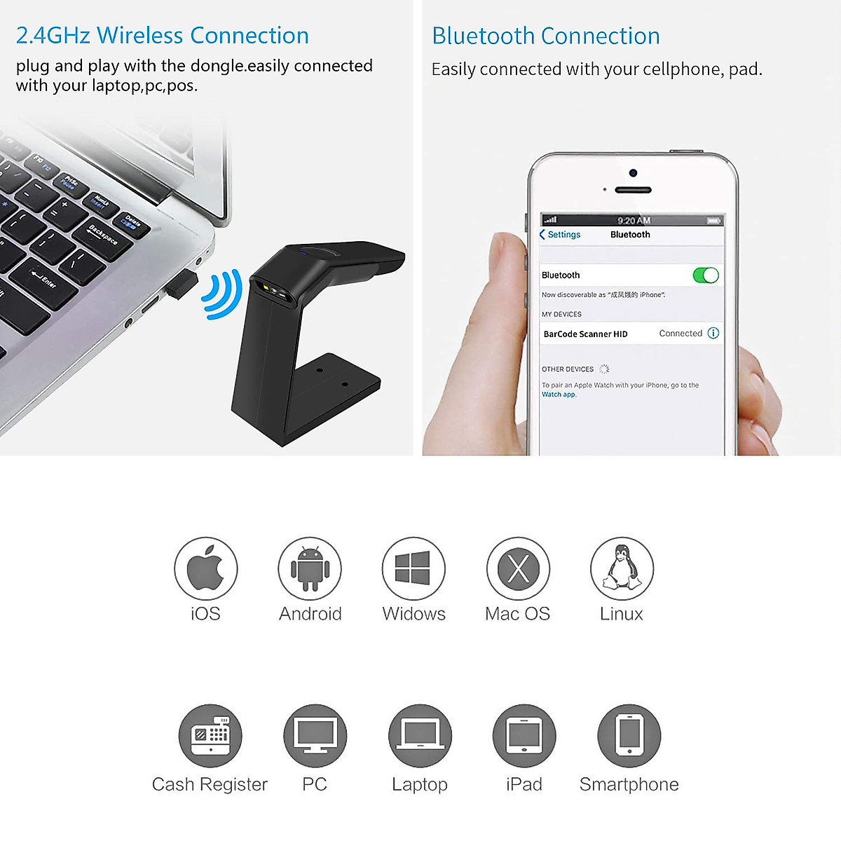 Wireless barcode scanner with stand, Compatible with Bluetooth,2.4GHz Wireless & Wired Connection all in one for Computer POS Warehouse Inventory Library