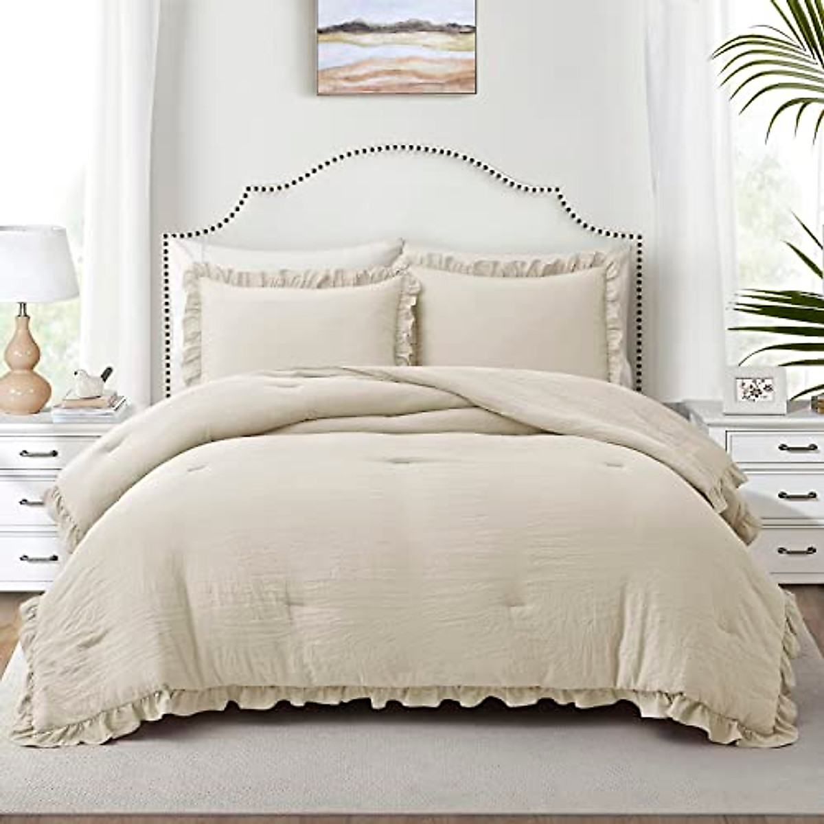 Bonlino Home Bed Bedding Comforter Set - 3 Pieces Queen Comforter Set, Farmhouse Bedding Set with Ruffle Bed Comforter & Ruffle Pillows Shams(Queen Size Wheat)