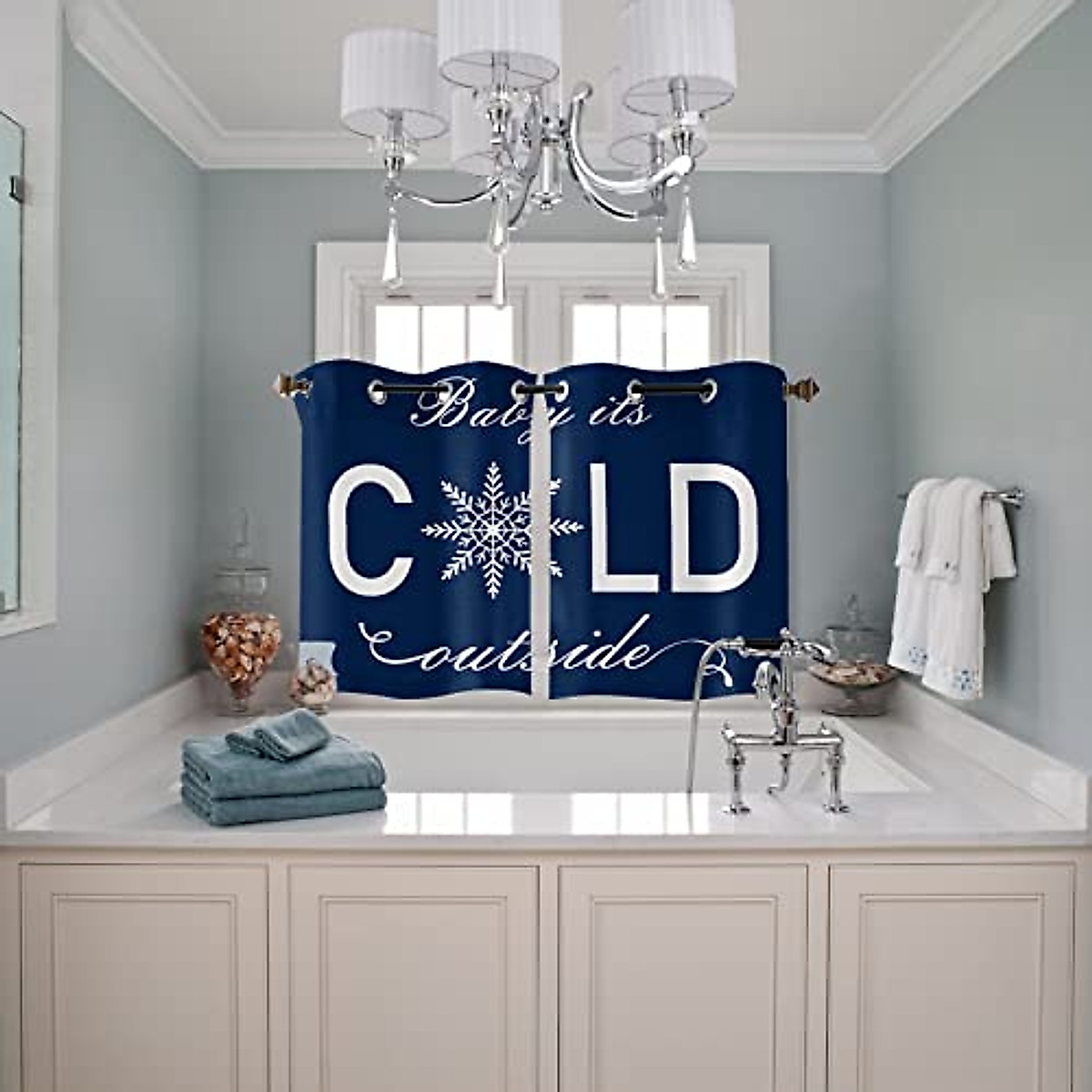 LBDEKOR Kitchen Curtain 39 Inch Length, Christmas Grommet Curtain for Kitchen Winow Curtains Drapes for Living Room Bedroom Bathroom Window Treatment 2 Panels Set Cold Winter Snowflakes Blue Backdrop