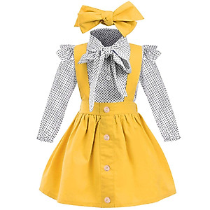 YOUNGER TREE Toddler Girl Outfits 1-4 T Long Sleeve Shirt Overall Skirt Headband Set School Uniform Dress (Polka Dot Blouse + Yellow Suspender Skirt Headband 3PC Set, 4T)