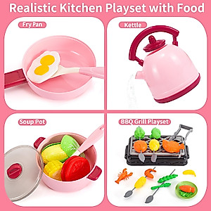 Hohosunlar 89PCS Kids Kitchen Playset w/ Toy Pots Pans Unicorn Apron BBQ Grill Camping Cooking Playset Pretend Play Food Set Toy Vegetables Fruits Play Kitchen Accessories for Girls Toddlers Age 3+