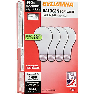 SYLVANIA Home Lighting 52258 Halogen Bulb, A19-72W-3000K, Soft White Finish, Medium Base, Pack of 4