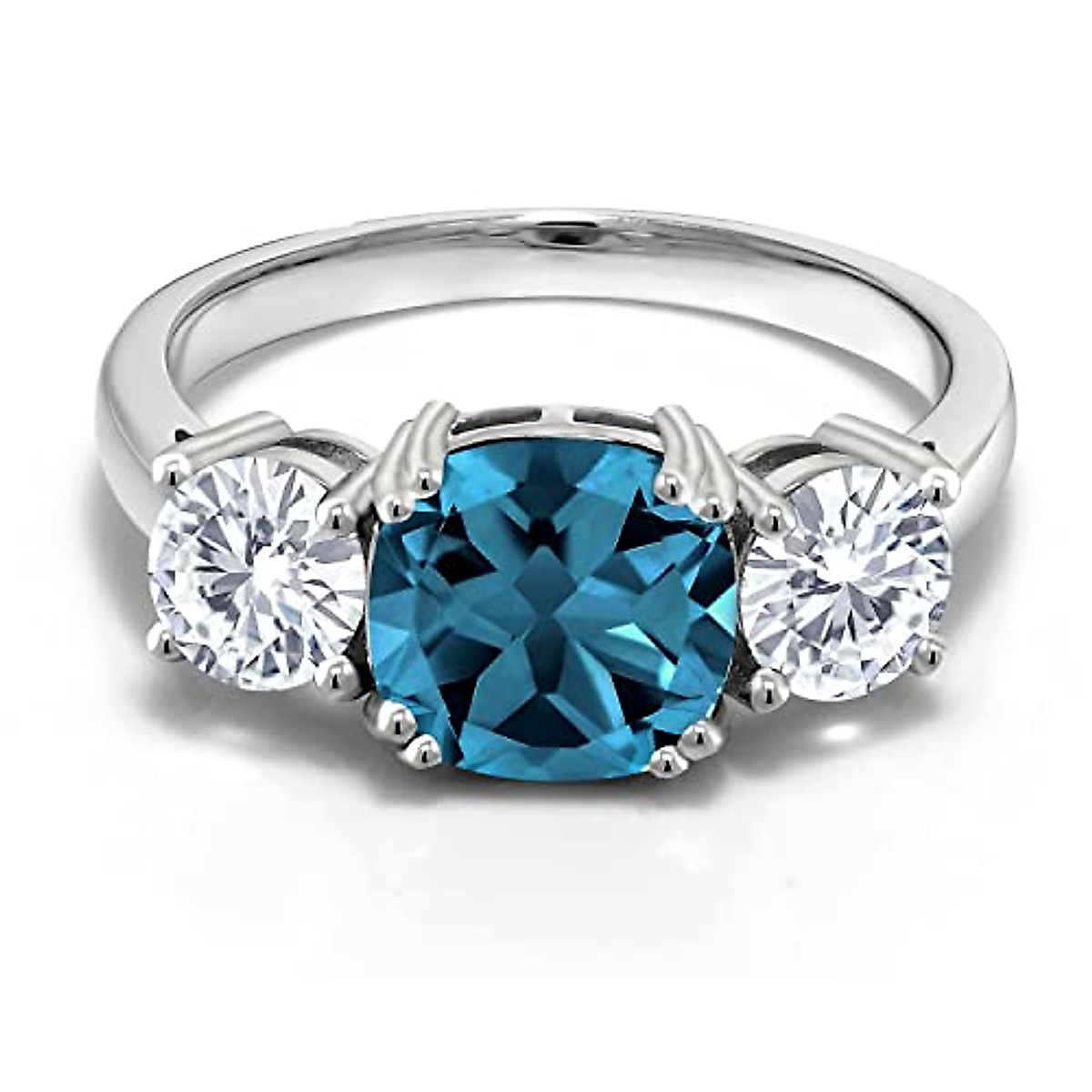 Gem Stone King 925 Sterling Silver London Blue Topaz and White Moissanite 3 Stone Engagement Ring For Women (3.74 Cttw, Gemstone November Birthstone, Cushion 8MM, Size 6)
