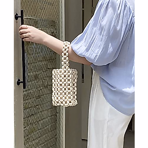 Goodly Wood Beaded Tote Handbag/Summer Mini Beads Bag/Wood Beads Circle Tote Bag for Women (Beige)… (Ivory)