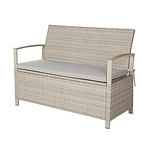 Grand patio Outdoor Storage Bench Deck Box with Olefin Cushion, Wicker Deck Box with Water Resistant Bag, Outdoor Seating for Front Porch, Store Garden Tools and Pool Storage (Warm Gray)