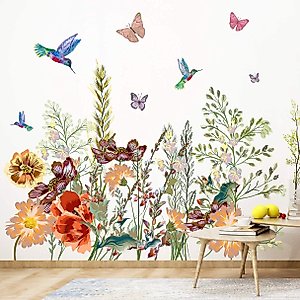 RW-146 3D Flowers Wall Decals Flower Birds Wall Stickers Colorful Floral Decals DIY Removable Butterfly Garden Flower Leaves Wall Art Decor for Kids Girls Bedroom Living Room Nursery Home Decoration