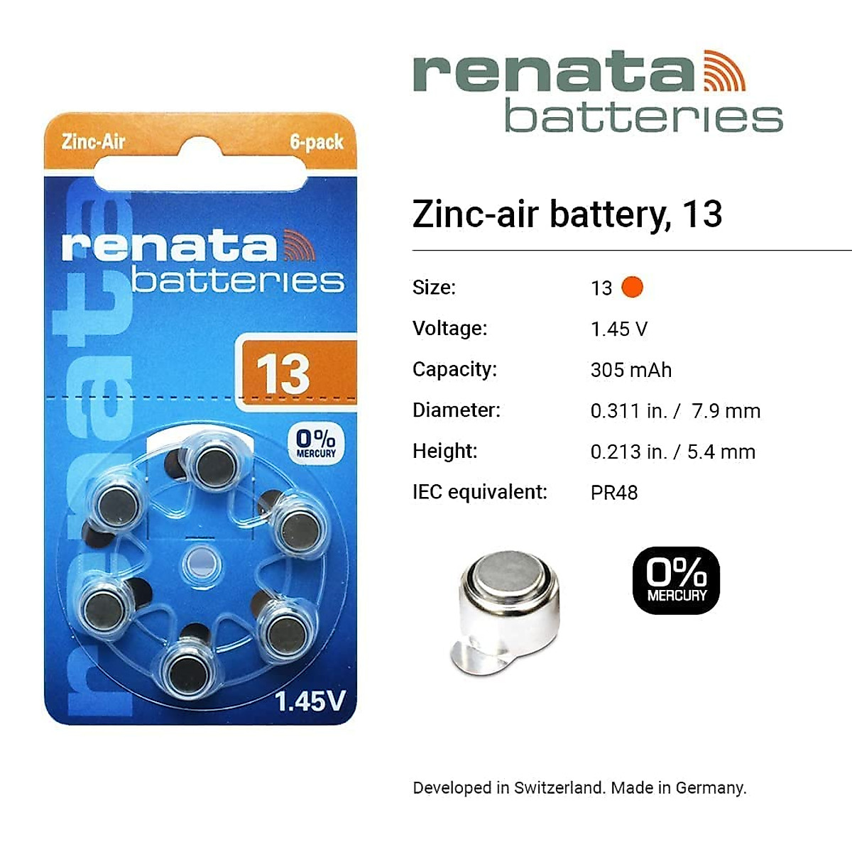 10 Packs (60 Batteries) Renata Swiss Made Size 13 Batteries