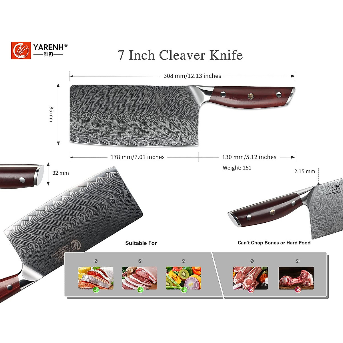 YARENH Chinese Cleaver Knife, 7 inch Professional Kitchen Knife, Damascus Steel Blade, 67 Layers, African Sandalwood Handle, Suitable for Cutting Vegetables and Meat, Gift Box Packaging