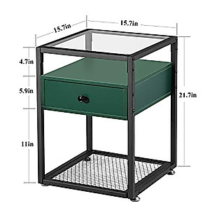 VECELO End Table, Modern Nightstand with Drawer, Night Stand Set of 2 for Bedroom Living Room,Tempered Glass, 2 Pack, Green
