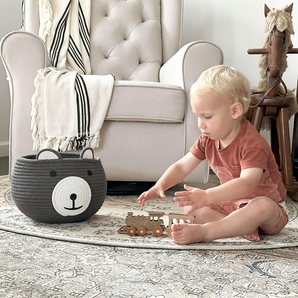 CherryNow Cute Bear Round Basket - Cotton Rope Baskets in Living Room Woven Baby Shower Basket Bedroom Storage Bakset for Children Corner Plant Basket Indoor, Grey, 10.5"D x 8.5"H