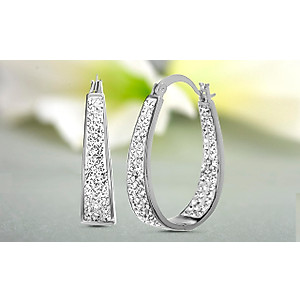 Oval Inside Outside Hoop Earrings for Women Faceted Sparkle Crystals