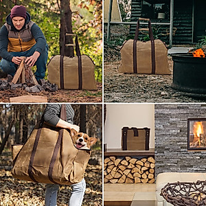 MYFIREPLACEDIRECT Waxed Canvas Log Carrier Tote Bag, Extra Large Durable Firewood Holder with Handles and Shoulder Strap, Heavy Duty Wood Carrying Bag for Fireplaces & Wood Stoves Khaki