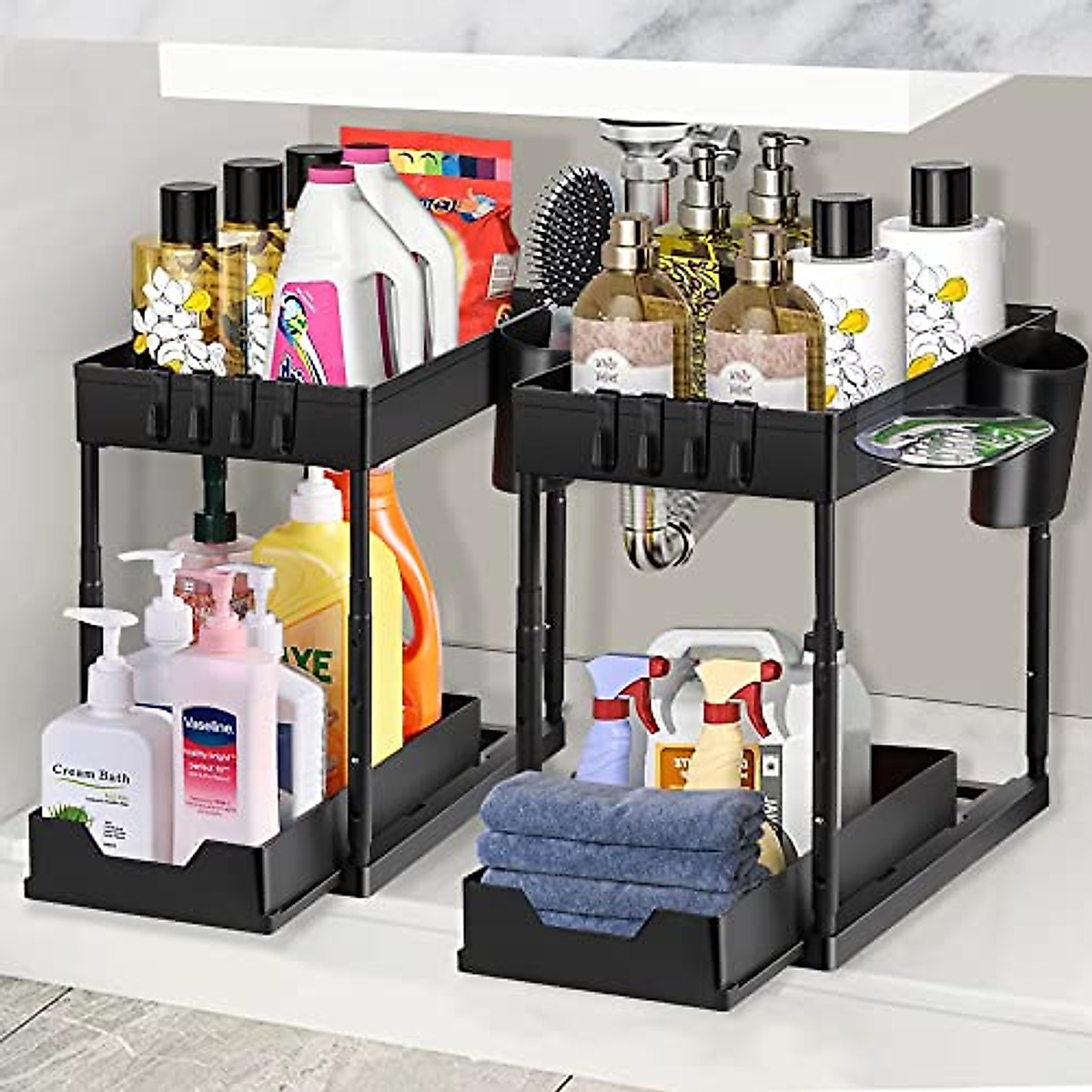 Eufrozy 2 Pack 2-Tier Under the Sink Organizer Bathroom, Sliding Under Cabinet Basket Organizer Adjustable Height Under Sink Storage for Kitchen Shelf Multi-Purpose Rack Drawer with 8 Hook 2 Cup