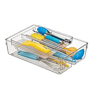 mDesign Plastic Stackable Kitchen Storage Drawer Organizer Bin with 2-Tier Tray for Cabinet, Pantry, Drawer, Refrigerator, Freezer - Hold Utensils, Flatware, Appliances - Ligne Collection - Clear