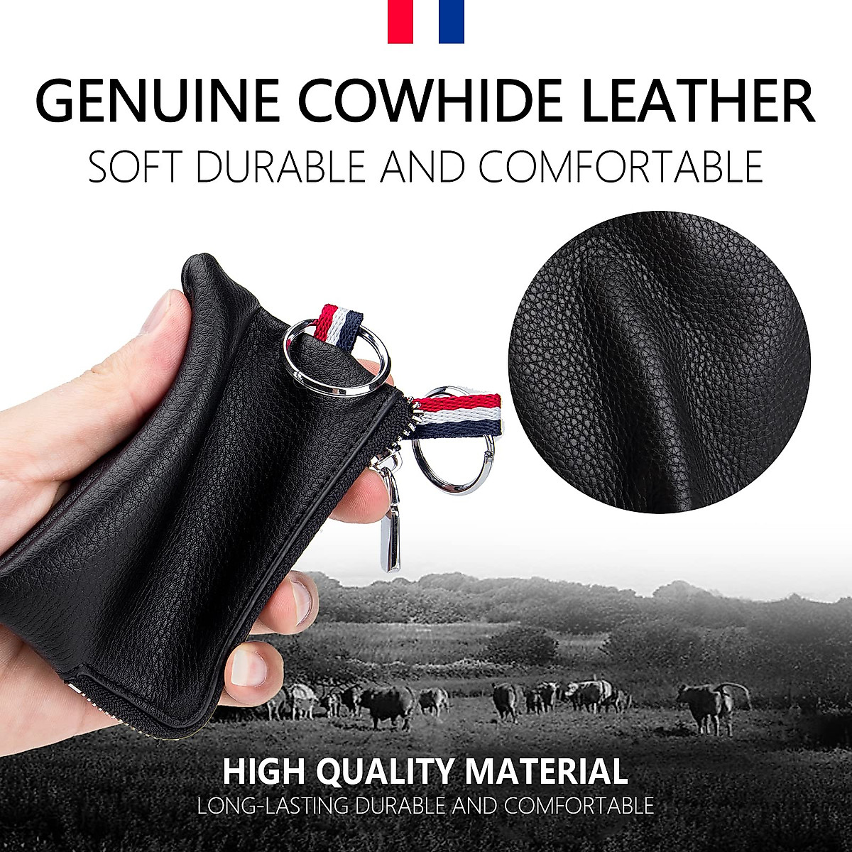 imeetu Leather Coin Purse Wallet, Mini Dual Keyrings Change Pouch Card Holder for Men Women (Black, standard)