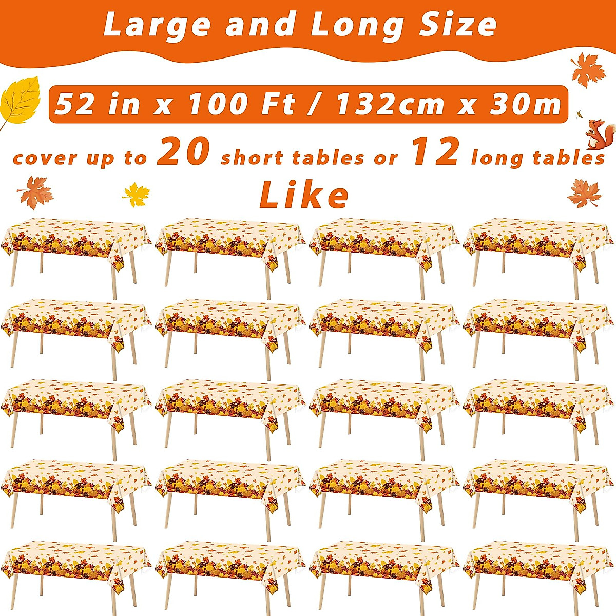 Fall Pumpkin Tablecloth Roll 52 in x 100 Ft with Slide Cutter Thanksgiving Fall Party Table Cloth Roll Maple Leaf fall Table Cover for Autumn Events Family Banquet Parties and Celebrations(Plastic)