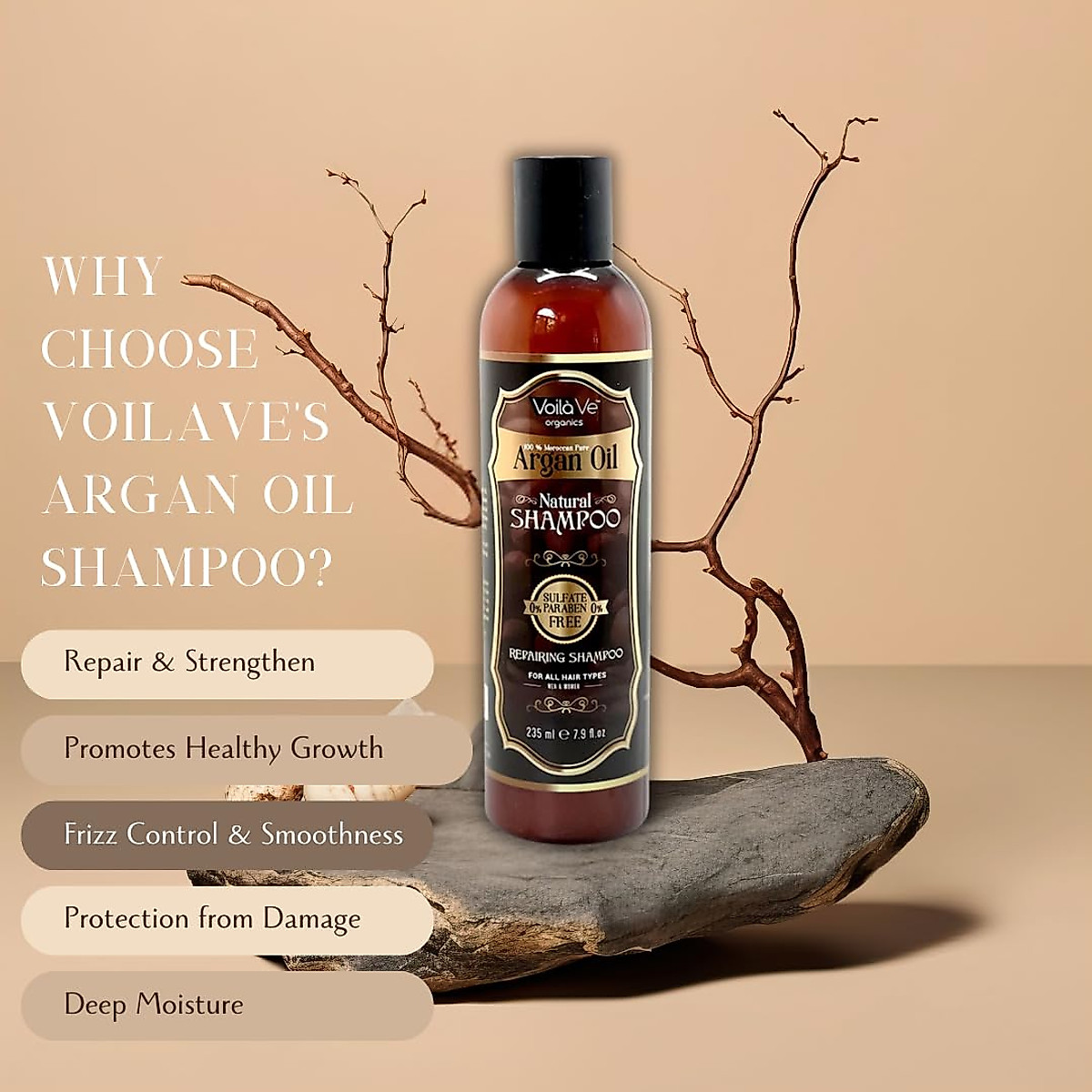 VoilaVe Moroccan Argan Oil Shampoo, Sulfate-Free Shampoo for Hair Growth, Hydrating & Repairing Shampoo for Dry, Damaged, Curly Hair & Scalp, Moisturizing Shampoo for Men & Women, All Hair Types - 8oz