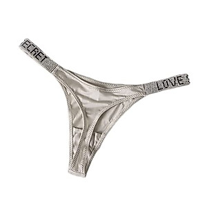 BY.ECG Women's Satin Shine Strap Thong Rhinestone Panty Nude 1 Pack(L)