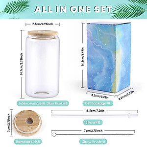 HTVRONT 8 PCS Sublimation Glass Cups Clear -16oz Sublimation Glass Tumbler with Bamboo Lid - Sublimation Blanks for Sublimation, Painting and HTV Vinyl Crafts