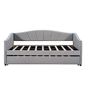 DEYOBED Twin Size Upholstered, Daybed Frame Sofa Bed with Trundle and Wood Slat for Bedroom, Living Room, No Spring Box Needed, Gray