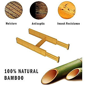 SAUStrongBe Adjustable Bamboo drawer dividers with 4 dividers，6 inserts, Spring Loaded adjustable drawer organizer, Expandable Organization for Home, Office, Dressers and Bathroom (17- 22 in)