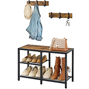 Gewudraw Coat Shoe Rack Bench Entryway - 3 in 1 Entry Bench Seat with Shoe Storage with Coat Hooks Wood Benches Metal Frame Small Shoes Shelf Organizer for Hallway Mudroom Bedroom