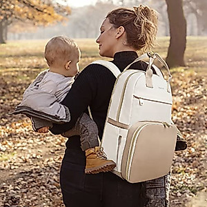 Mancro Breast Pump Bag Backpack with Insulated Pockets, Pumping Bag for Working Mom, Breast Pump Travel Bag fits for Spectra S1, S2, Medela, Large Diaper Bag Backpack with USB Charging Port, Beige