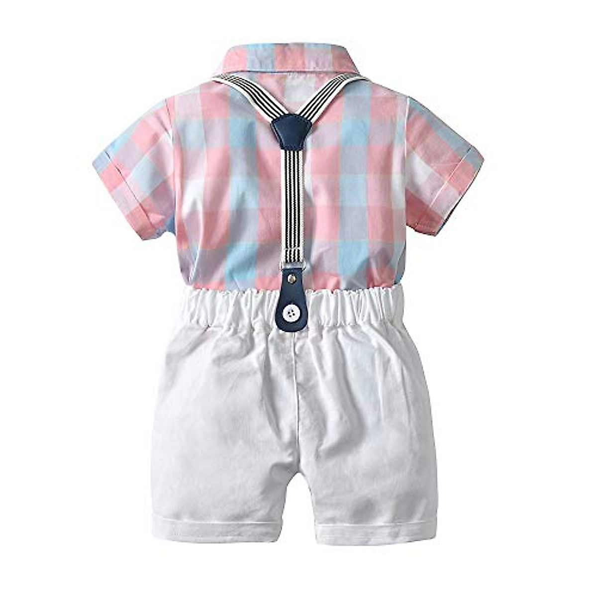 Baby Boys Gentleman Outfits Suits, Infant Short Sleeve Shirt+Bib Pants+Bow Tie Overalls Clothes Set Pink