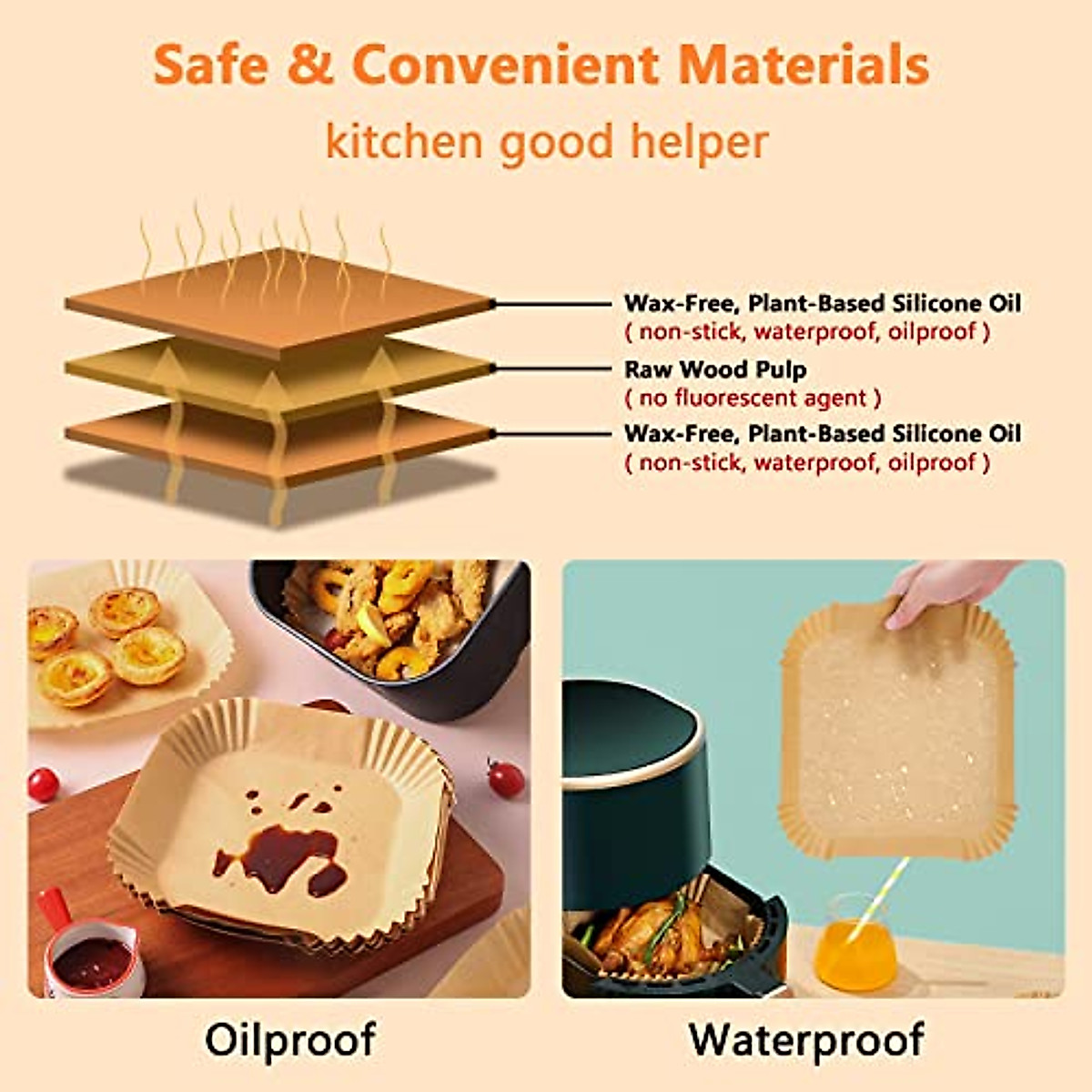 Air Fryer Liners 8 Inch,125Pcs Premium Food Grade Parchment Paper, Air Fryer Disposable Paper Liner for Air Frying, Baking, Roasting Microwave, Non-Stick Cooking Air Fryer Paper Square Free of Bleach