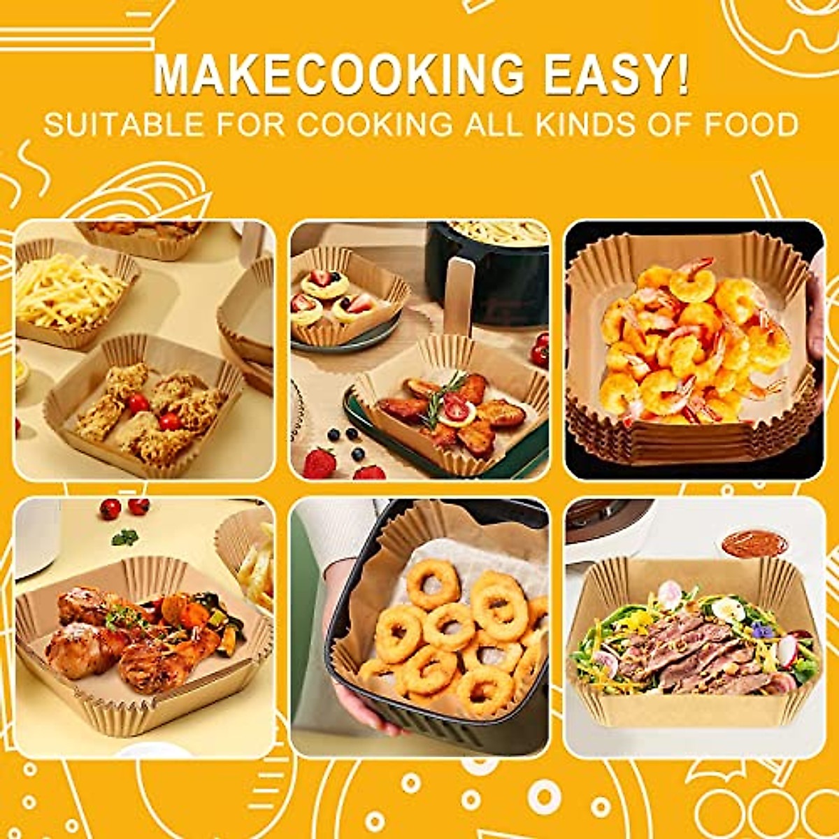 Air Fryer Liners Disposable 7.9 Inch Square 100pcs Easy Cleanup Non-stick Oil-proof for Frying, Baking,Cooking, Roasting