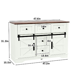 Vabches Farmhouse Sideboard Buffet Cabinet with Storage, Large Kitchen Sideboard Cabinet, Sliding Barn Doors and 5 Drawers, Adjustable Storage Shelves, Coffee Bar Table for Dining Room, White
