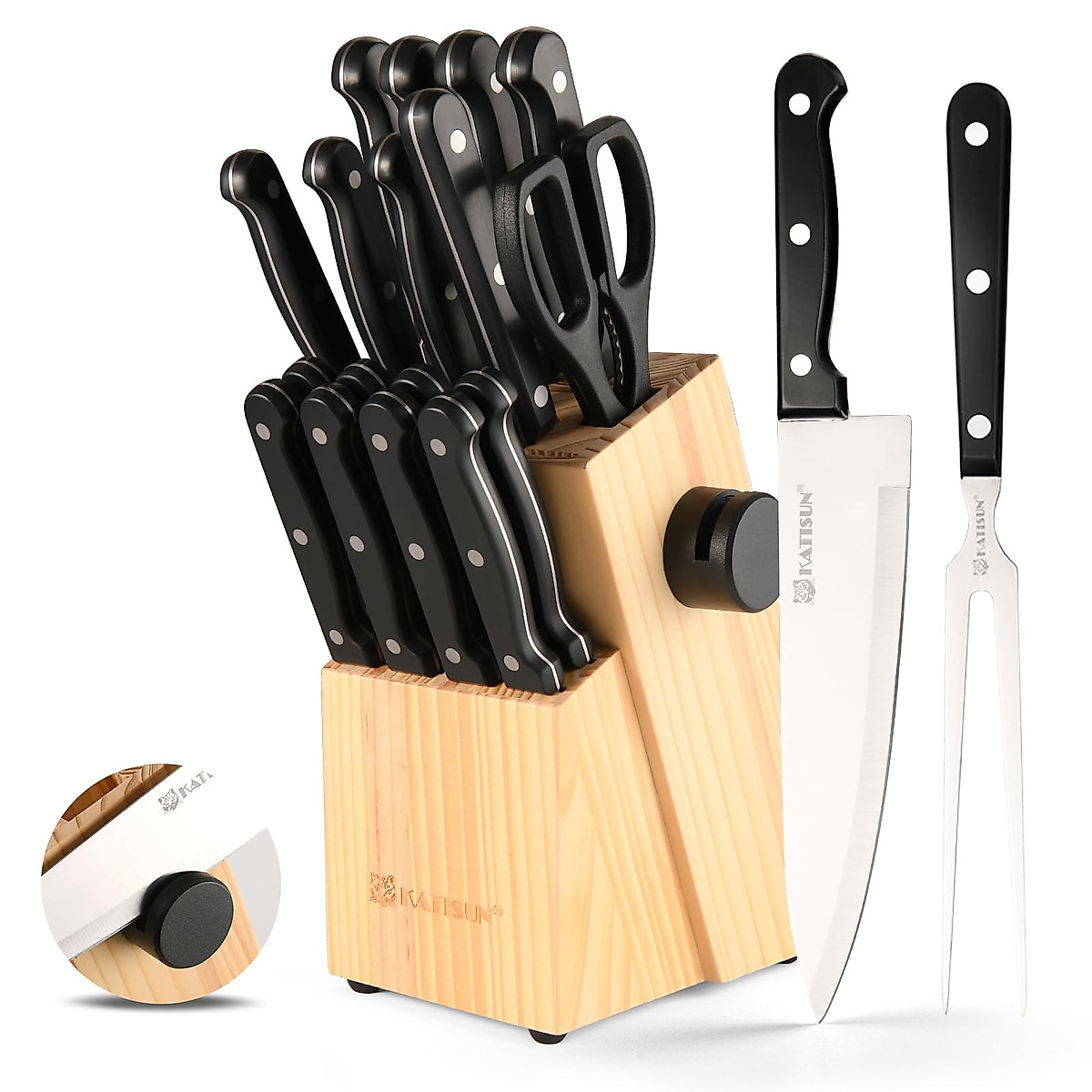 19-Piece Knife Set, German Steel, Durable and Dishwasher Safe, Knife Sets for Kitchen with Block Sets with Built-in Sharpener for Chopping, Slicing, Dicing&Cutting