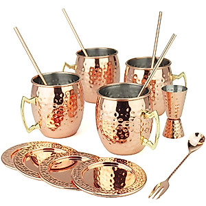 PG Moscow Mule/Cocktail Bar Set, 15-pc Copper/Rose Gold Color, High Grade SS, w/4x Moscow Mule Mugs, 4x Straws w/cleaner, 4x REAL STAINLESS Coasters, 1x Double-Jigger 1x Double-head Stirrer
