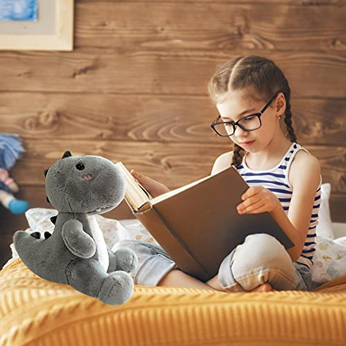Cartoon Stuffed Animal Dinosaur Plush Toy Soft Dinosaur Plush Doll Toy Cute Furry Stuffed Dolls Hugging Pillow Sleeping Comfort Cushion Home Sofa Bedroom Decor Birthday Gift for Adults Kids Gray 25CM