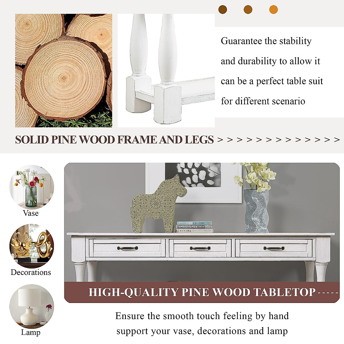 Lecafur HL 63 inch Long Console Table,Wood Entry Table with Storage Extra-Thick Sofa Table with 3 Storage Drawers and 1 Shelves for Entryway Hallway Living Room (Antique White)